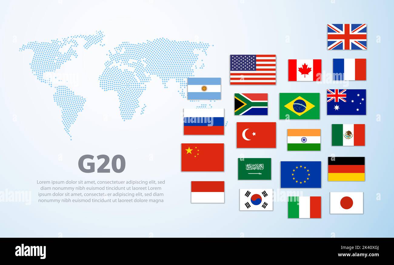 Infografik zu G20 Ländern der Weltkarte. Saudi-Arabien Türkei Brasilien europaflagge für G20 ...
