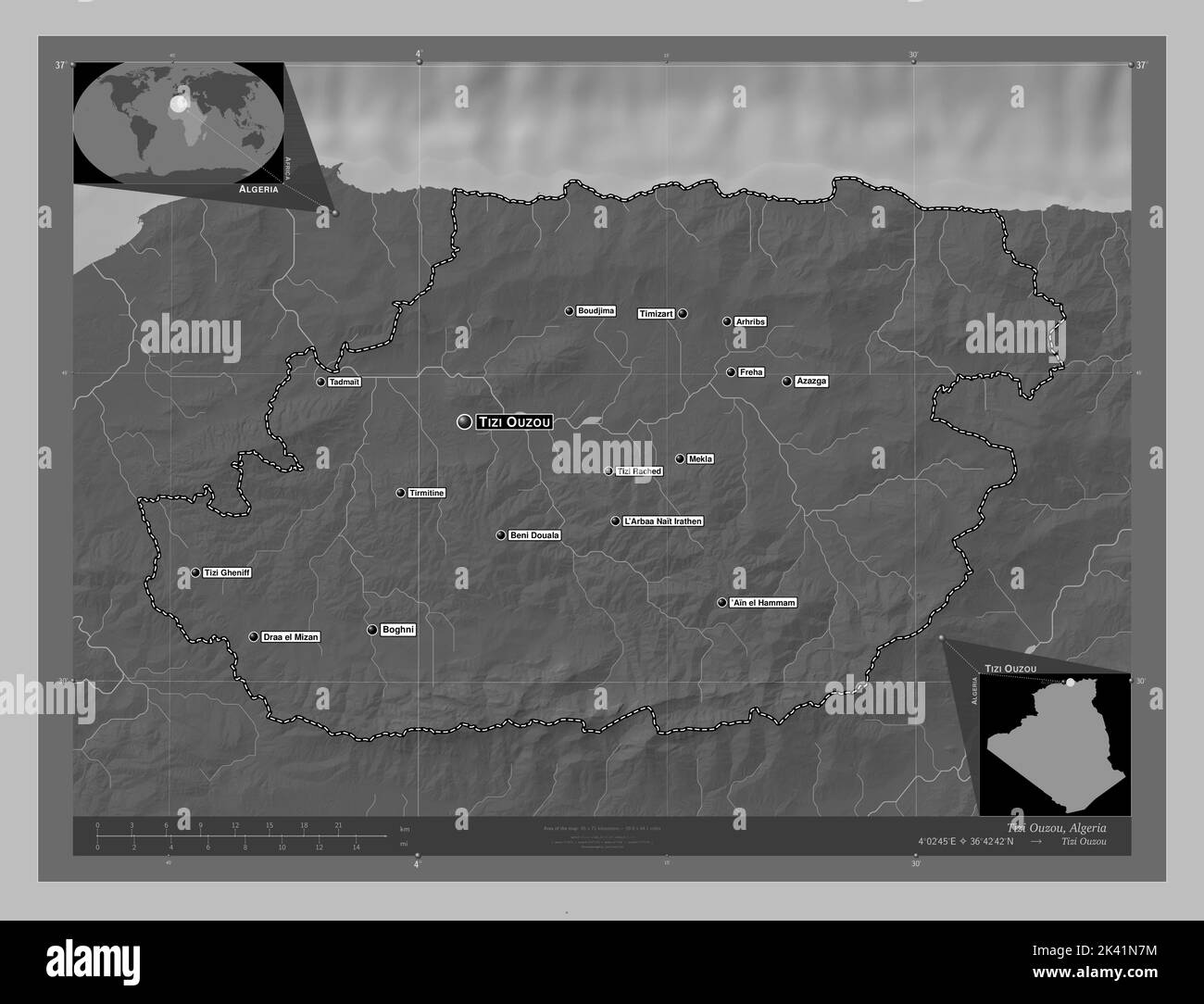 Tizi Ouzou, Provinz Algerien. Höhenkarte in Graustufen mit Seen und ...