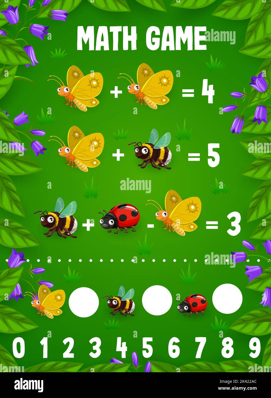 Math-Spiel Arbeitsblatt, Cartoon lustige Insekten-Charaktere Zählen ...