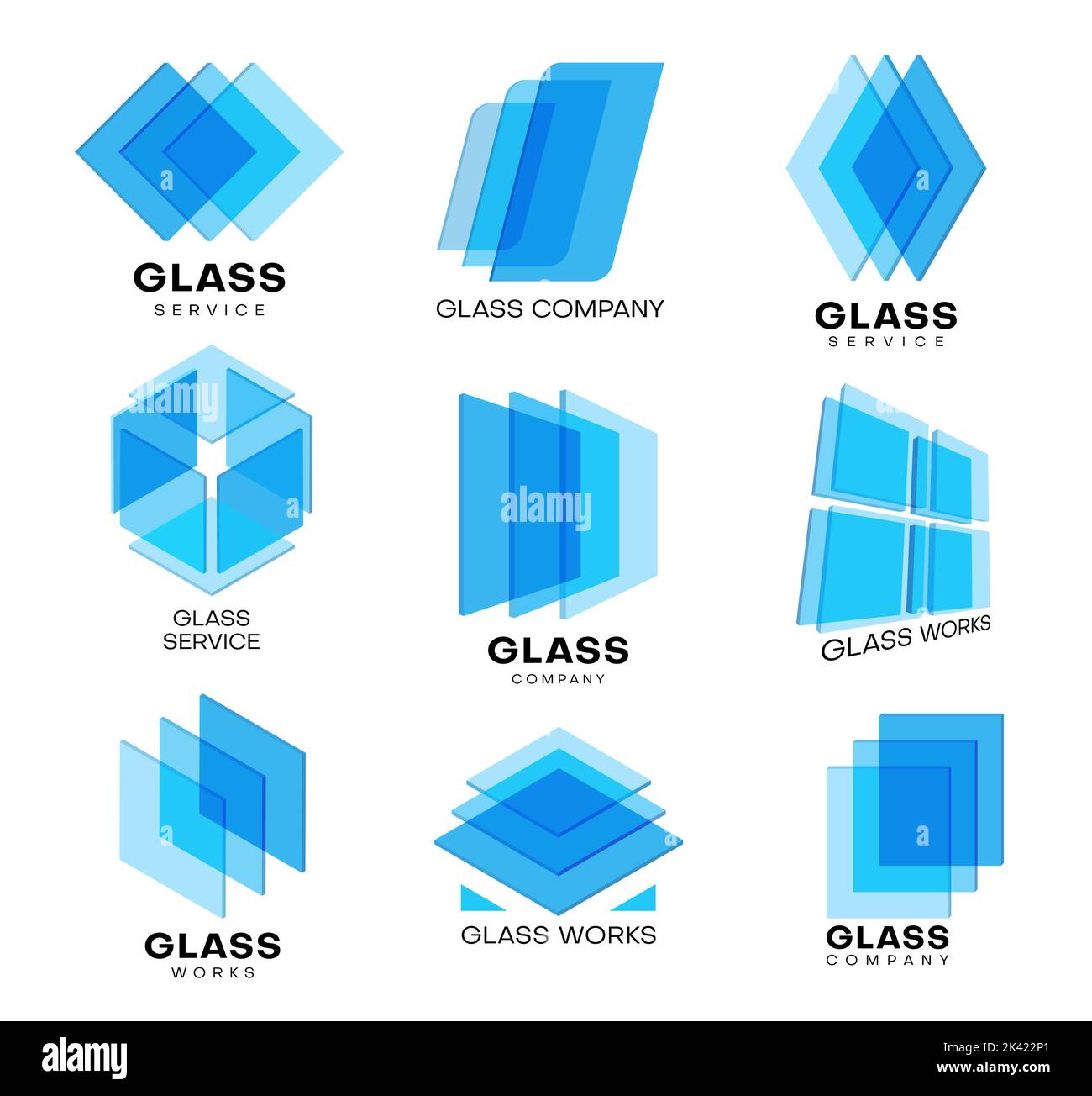 Glassymbole, Fensterservice und Bauarbeiten, Vektor-blaue quadratische ...