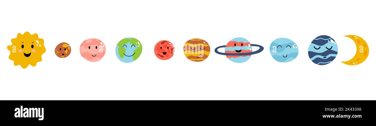 Set von niedlichen Planeten wie Erde, venus, Quecksilber, jupiter ...