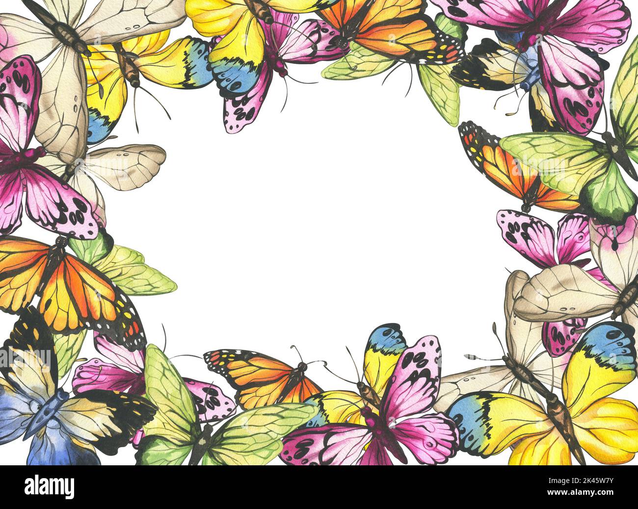 Schmetterlinge. Kranz und Rahmen. Aquarell-Illustration von bunten ...