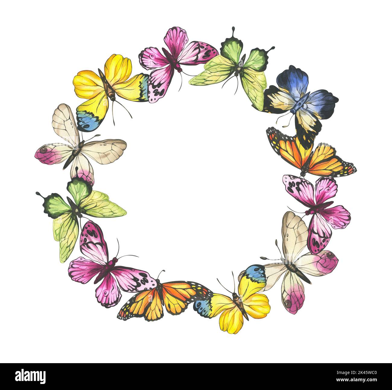 Schmetterlinge. Kranz und Rahmen. Aquarell-Illustration von bunten ...