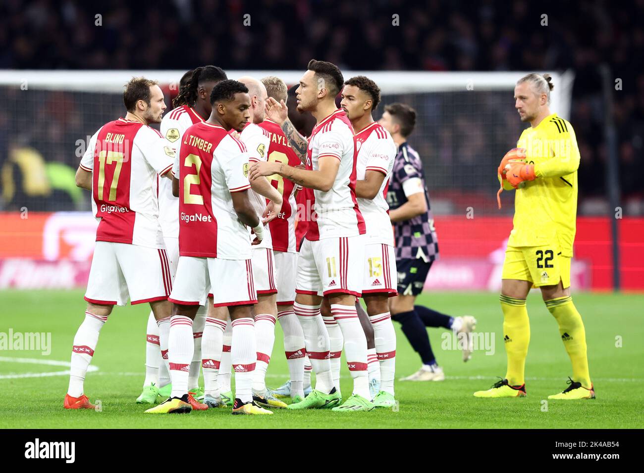 AMSTERDAM - (lr)Daley Blind von Ajax, Jurrien Timber von Ajax, Devyne Rensch von Ajax ...