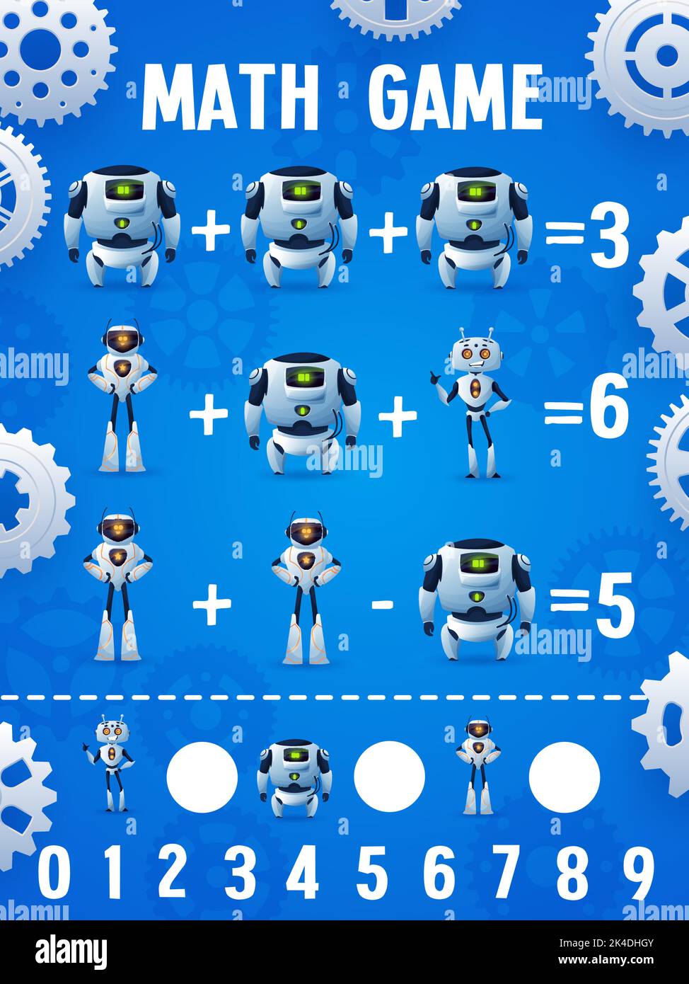 Math-Spiel Arbeitsblatt von Cartoon-Roboter und Droiden mit Zahnrädern ...