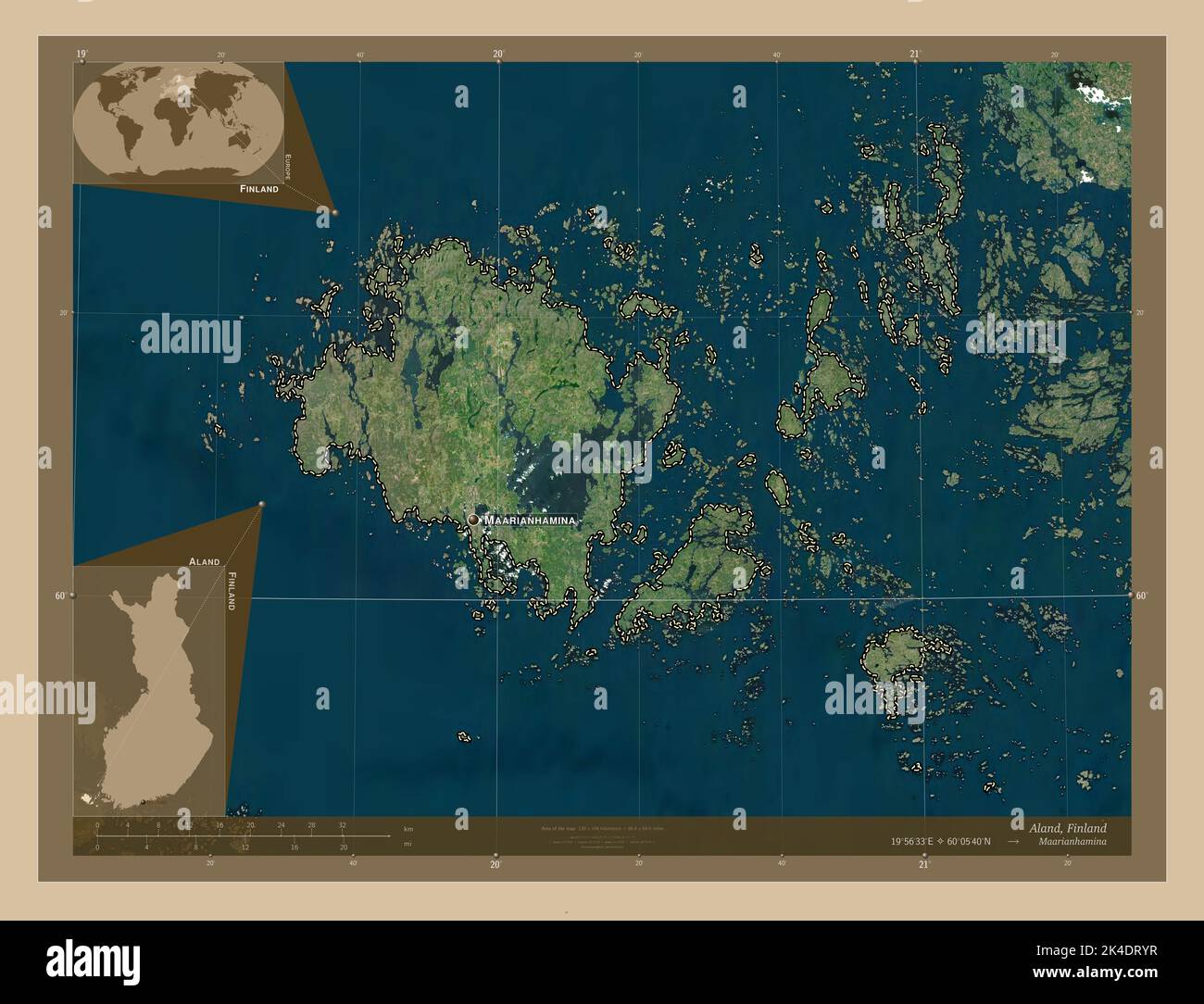 Aland, Region von Finnland. Satellitenkarte mit niedriger Auflösung. Orte und Namen der ...