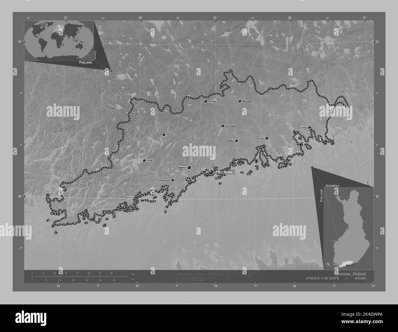 Uusimaa, Region Finnland. Höhenkarte in Graustufen mit Seen und Flüssen ...