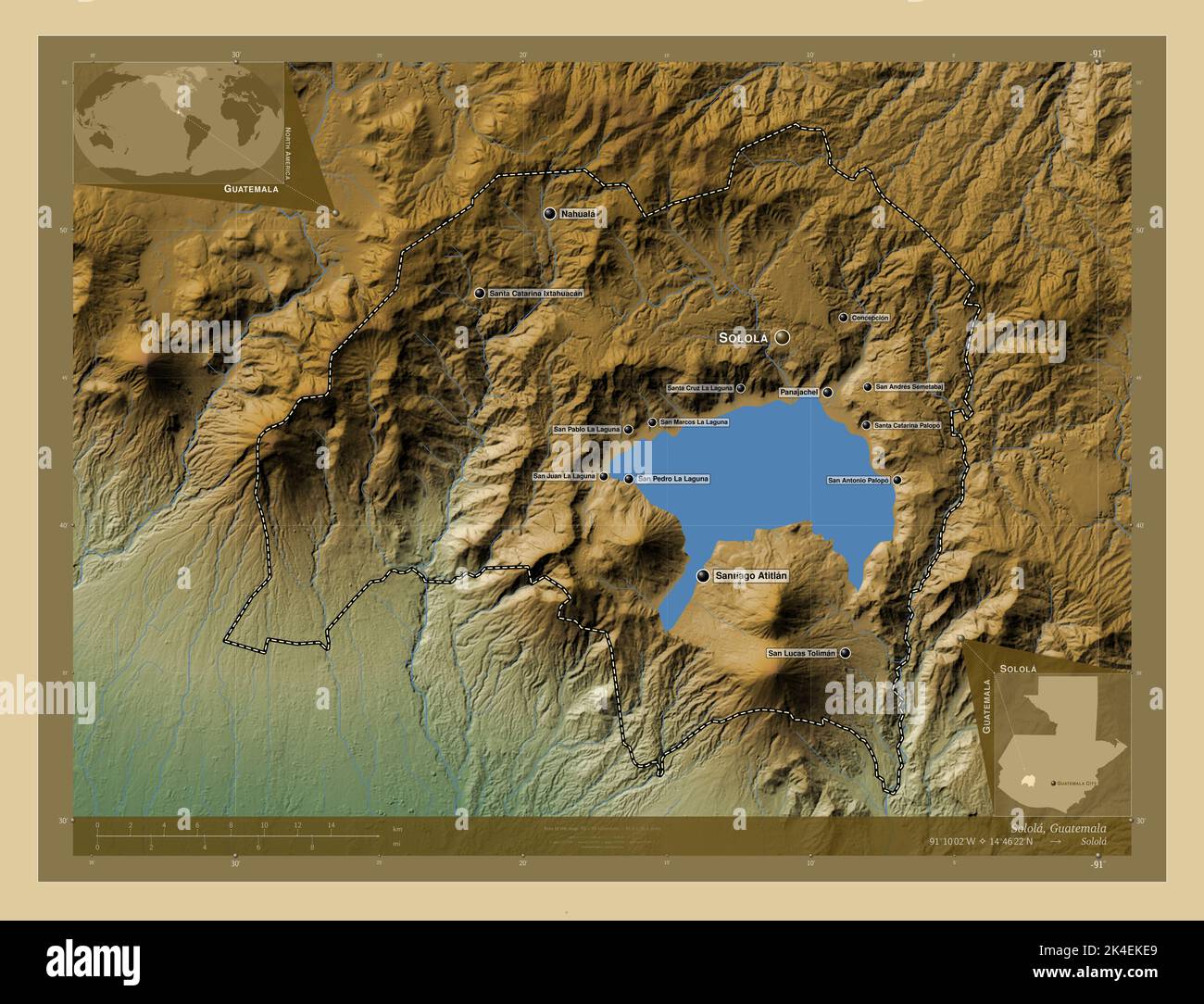 Solola, Abteilung von Guatemala. Farbige Höhenkarte mit Seen und ...