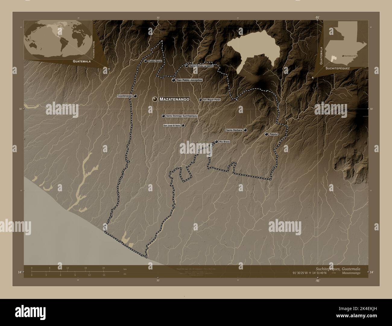 Suchitepequez, Abteilung von Guatemala. Höhenkarte in Sepia-Tönen mit ...