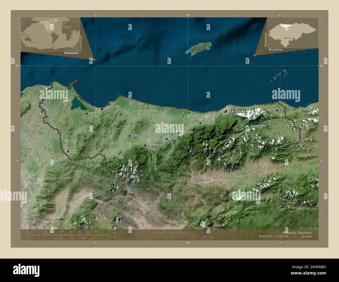 Atlantida, Abteilung von Honduras. Hochauflösende Satellitenkarte. Orte ...