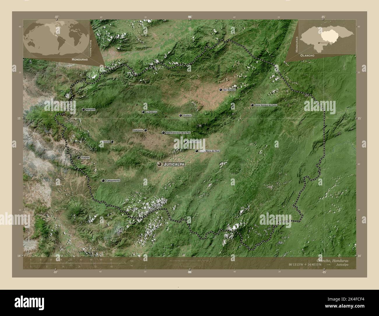 Olancho, Abteilung von Honduras. Hochauflösende Satellitenkarte. Orte ...