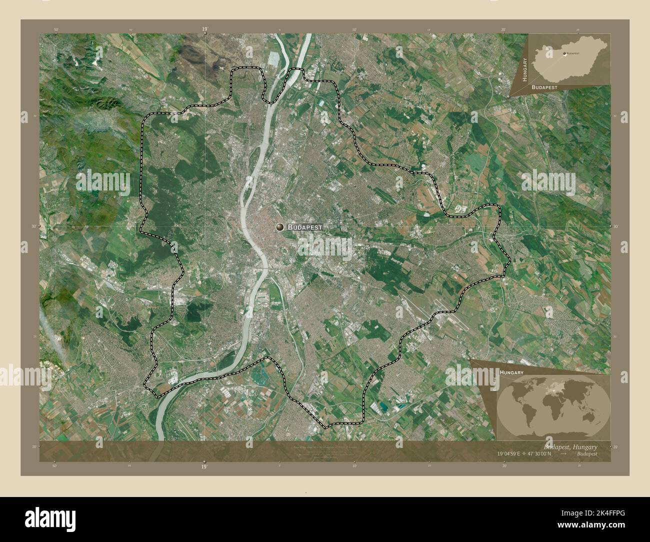 Budapest, Hauptstadt von Ungarn. Hochauflösende Satellitenkarte. Orte ...