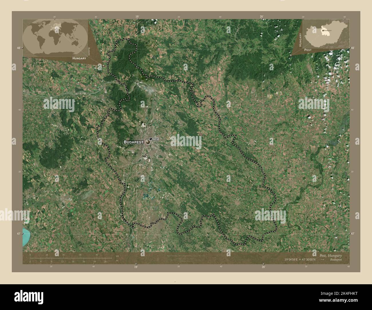 Pest, Grafschaft Ungarn. Hochauflösende Satellitenkarte. Orte und Namen ...