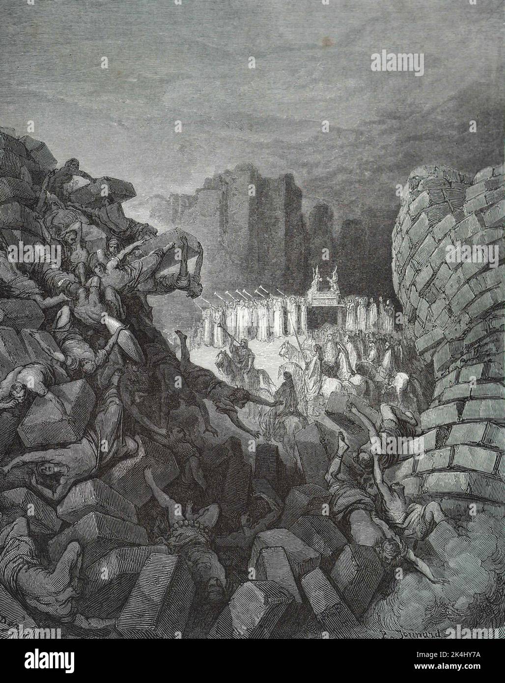 Zerstörung der Mauern von Jeriche. Illustration von Gustave Dore aus ...