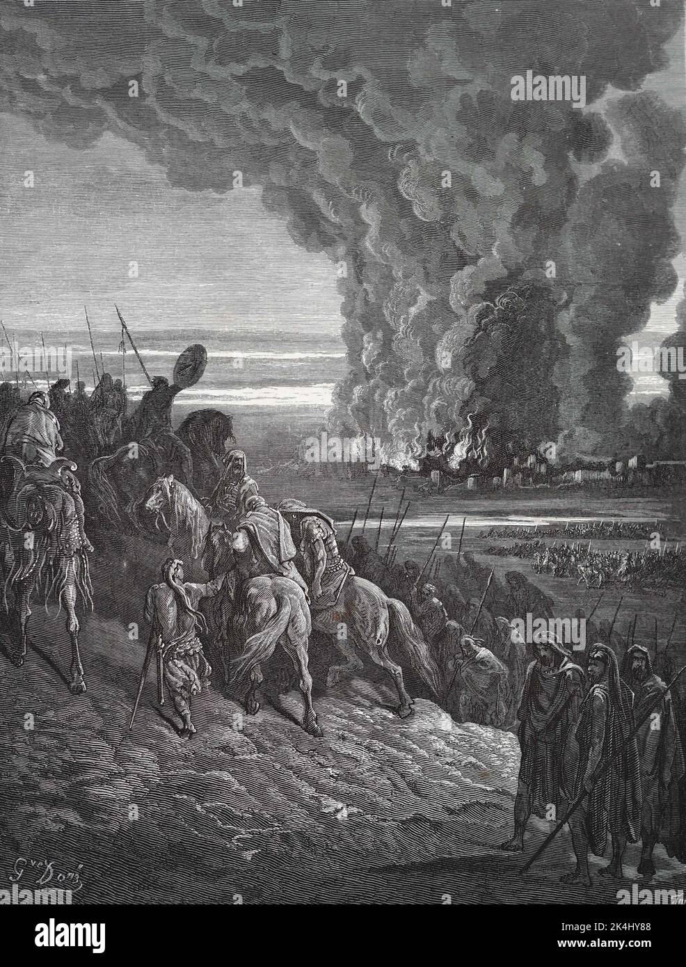 Zerstörung der Stadt Ai (Hai). Illustration von Gustave Dore aus der ...