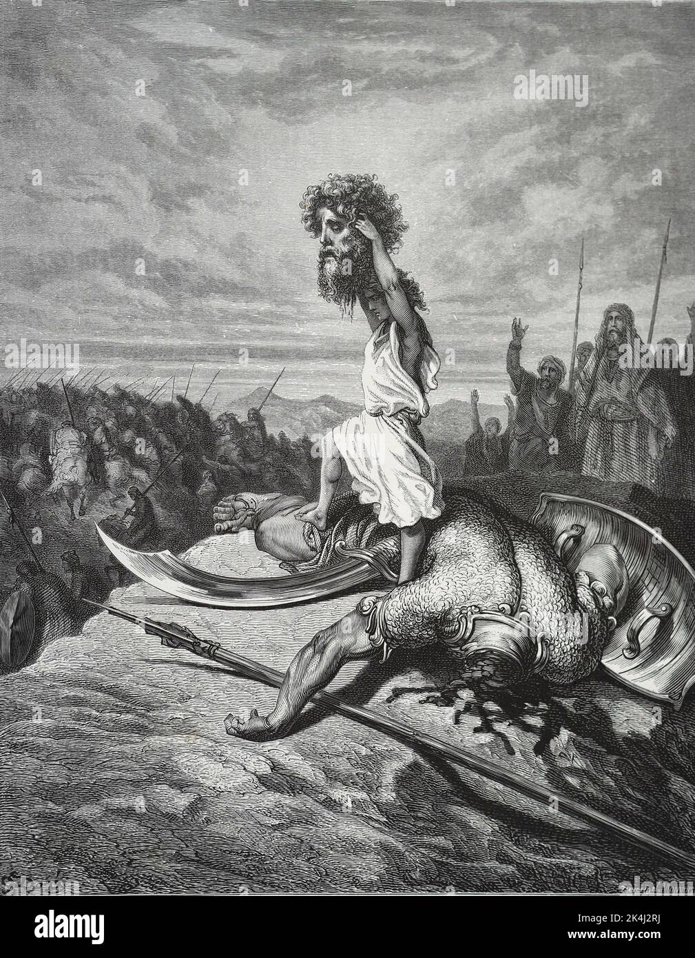David mit Goliaths Kopf. Illustration von Gustave Dore aus der dritten ...
