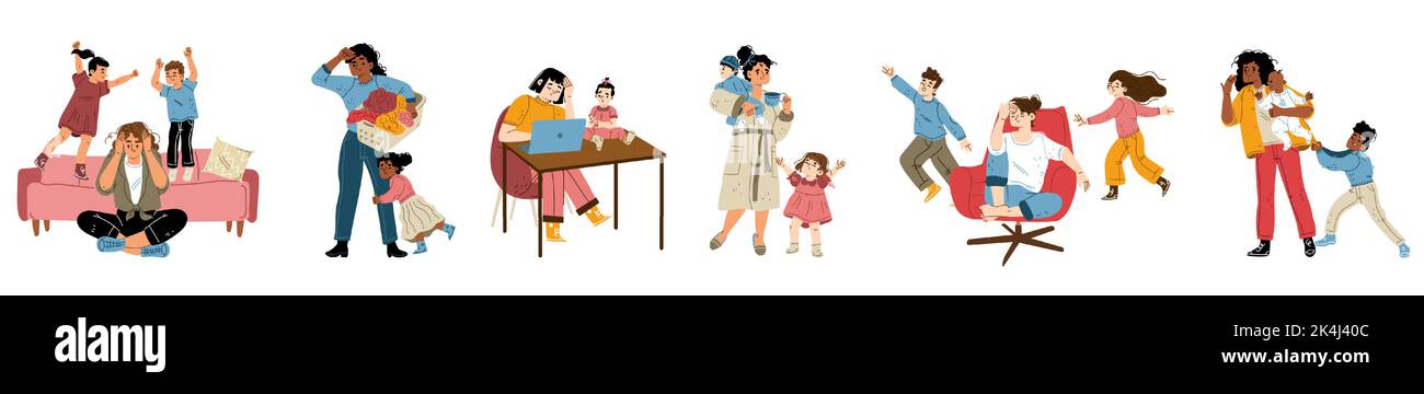 Müde Mutter Burnout, Müdigkeit Mütter und ihre Kinder isoliert gesetzt ...