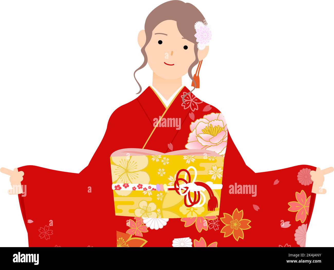 Eine Frau in Kimono, die einen Furisode (langärmeliger Kimono) trägt ...