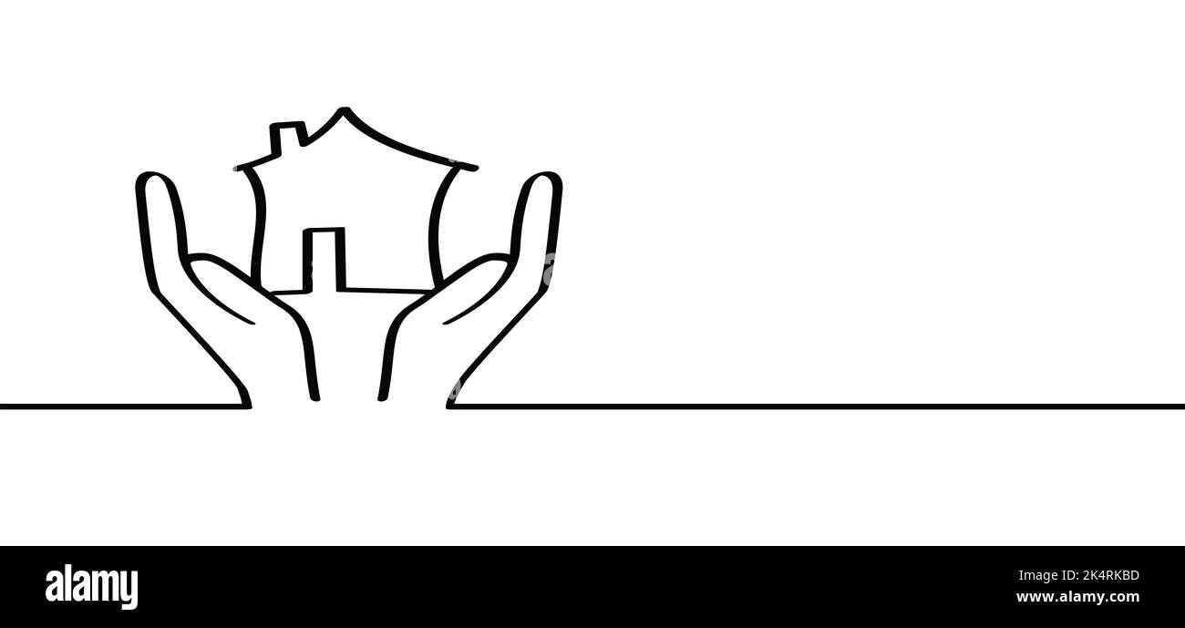 Cartoon, Comic Safe und geschützte Haus in Hand Konzept. Linienmuster ...