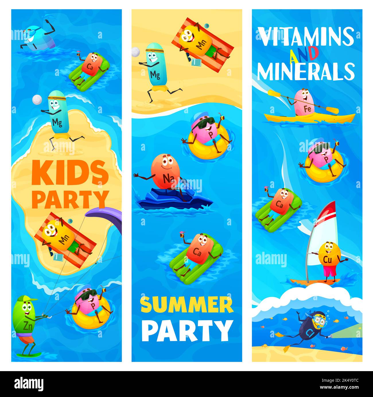 Cartoon-Vitamin- und Mineralfiguren auf Strandurlaub, Vektorbanner ...