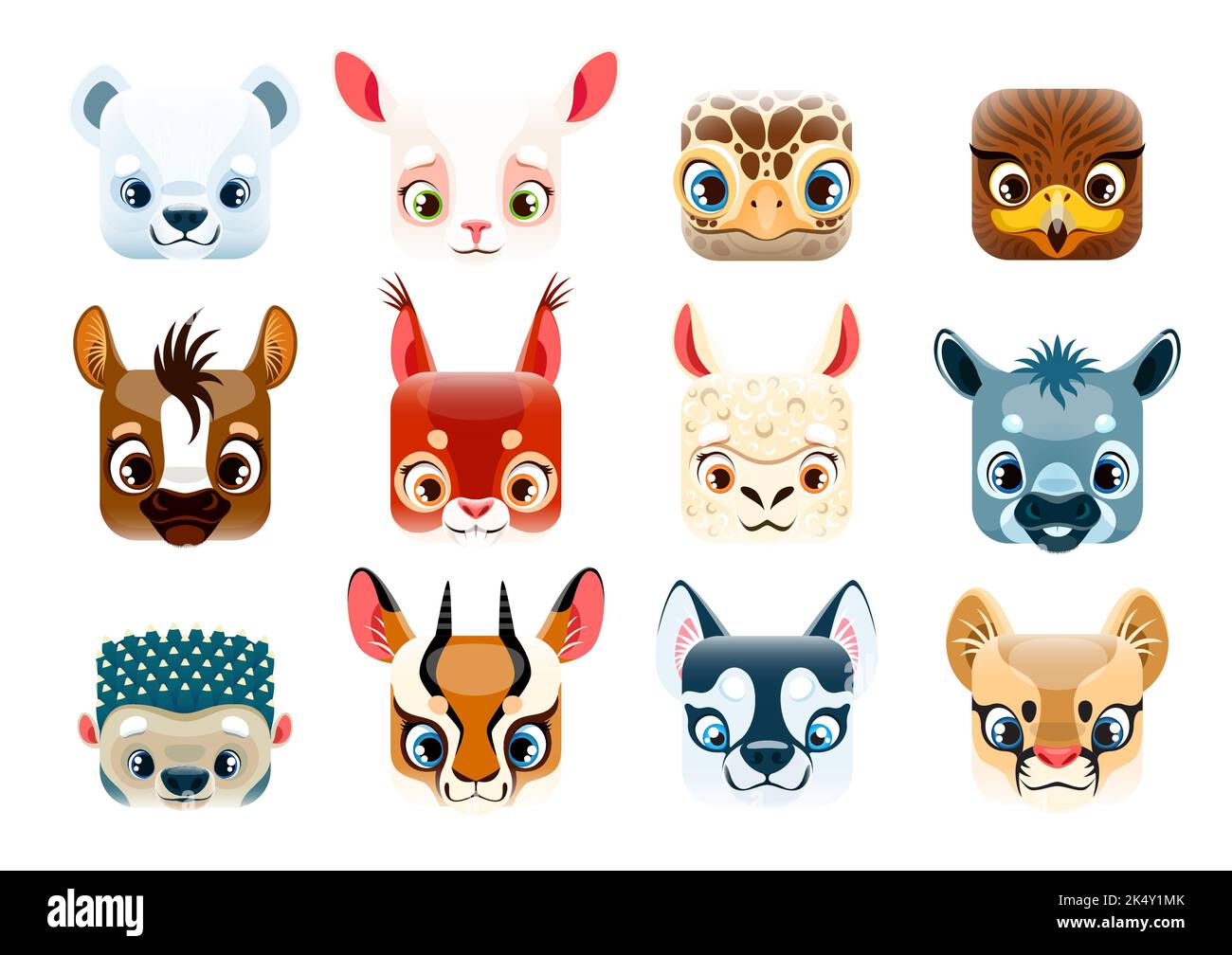 Cartoon kawaii quadratische Tiergesichter, Emoticons und Lächeln ...