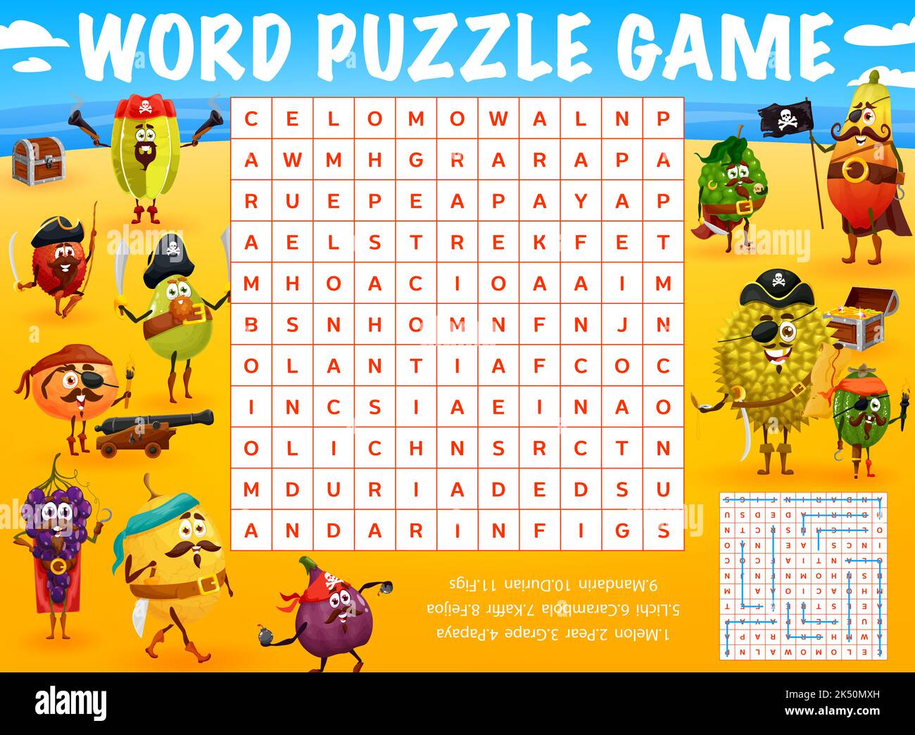 Cartoon Obst Piraten Figuren auf Schatzinsel Wort suchen Puzzle-Spiel ...
