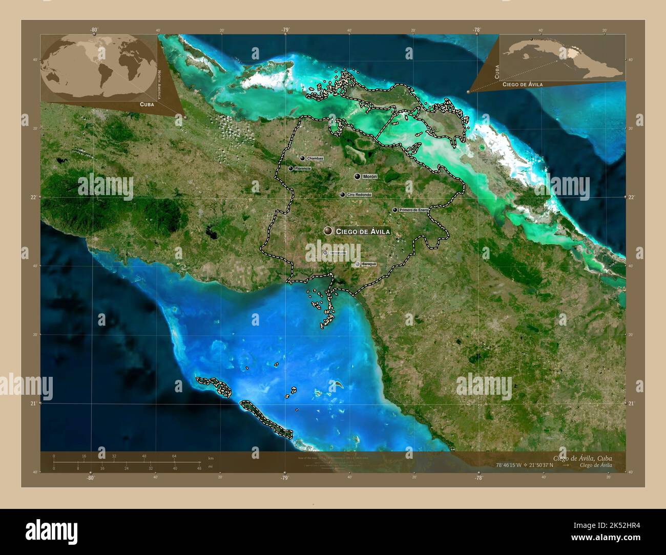 Ciego de Avila, Provinz Kuba. Satellitenkarte mit niedriger Auflösung ...