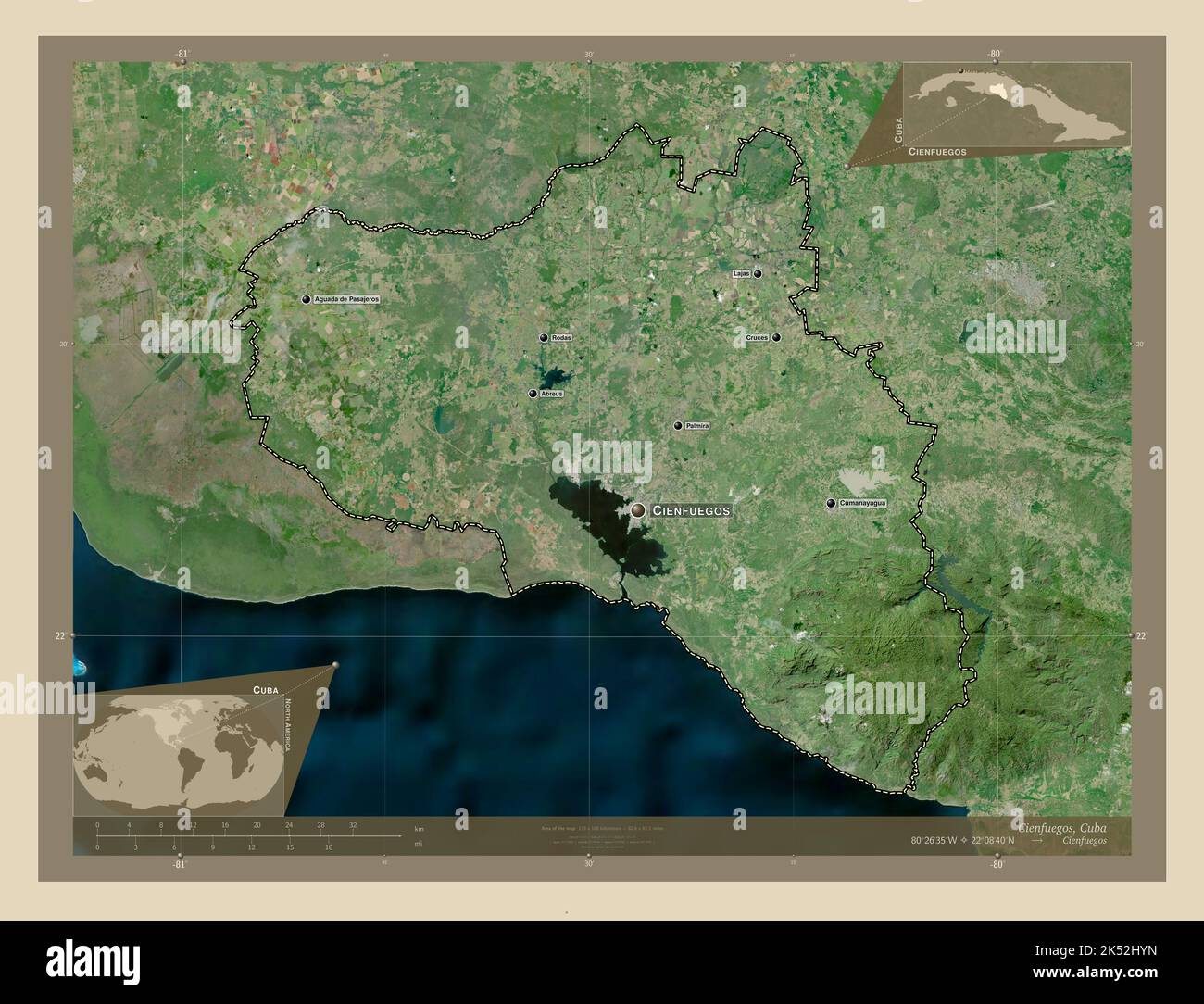 Cienfuegos, Provinz Kuba. Hochauflösende Satellitenkarte. Orte und ...
