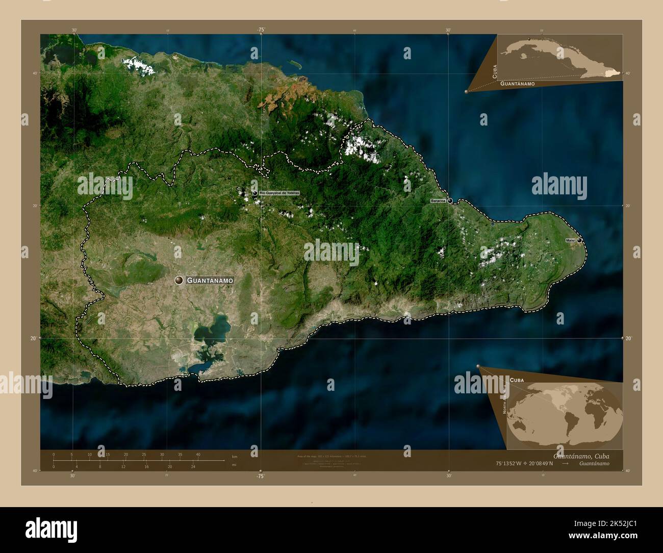 Guantanamo, Provinz Kuba. Satellitenkarte mit niedriger Auflösung. Orte ...