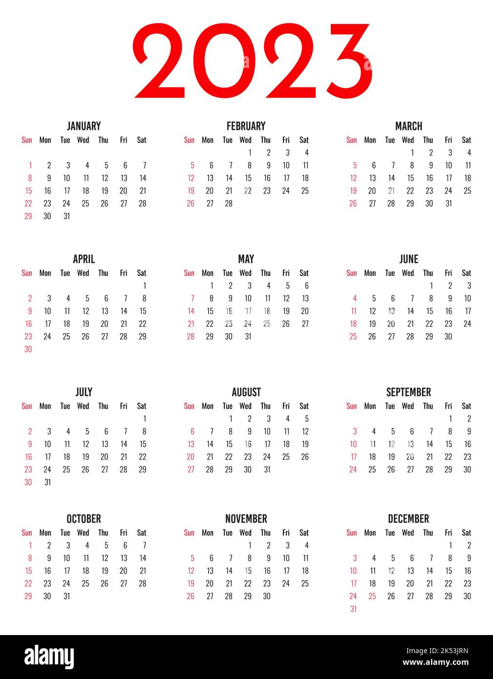 Kalender 2023 Jahr. Die Woche beginnt am Sonntag. Vorlage für den ...