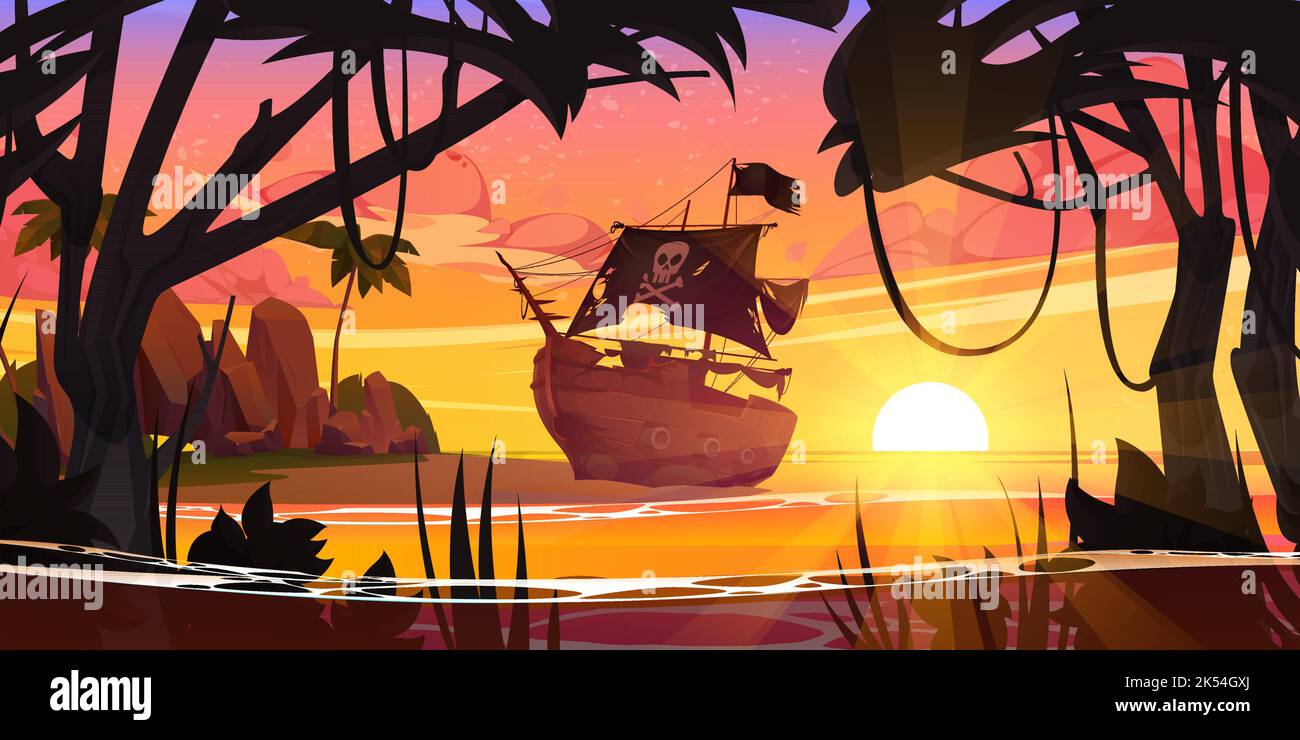 Tropischer Inselstrand mit altem Piratenschiff nach Schiffswrack ...