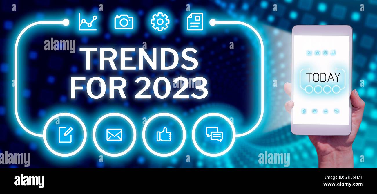 Schild mit Trends für 2023, Business Approach Liste von Dingen, die ...