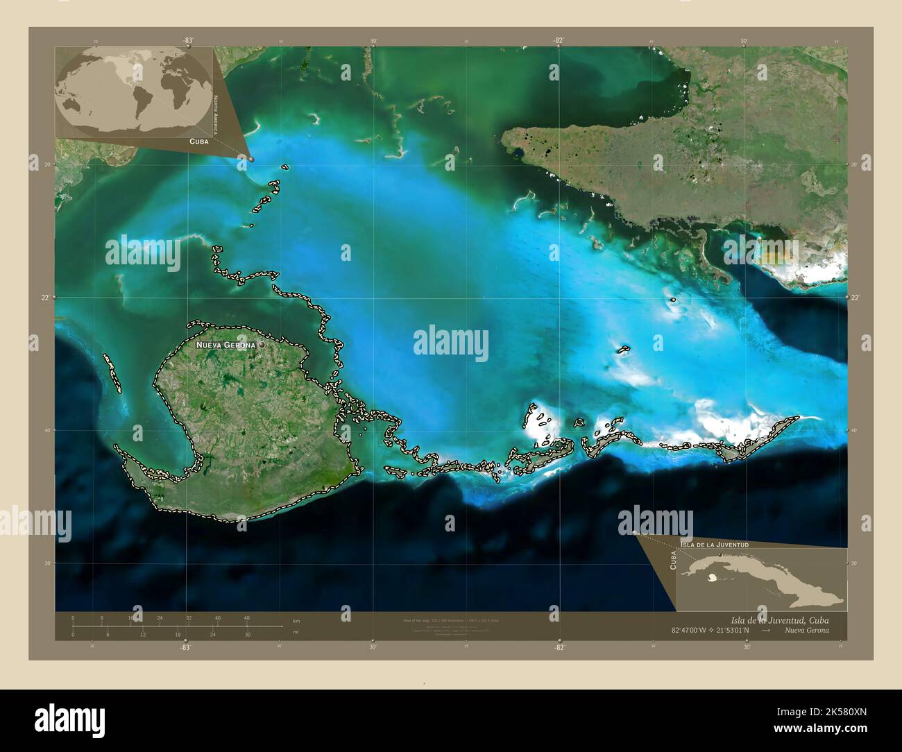 Isla de la Juventud, Provinz Kuba. Hochauflösende Satellitenkarte. Orte ...