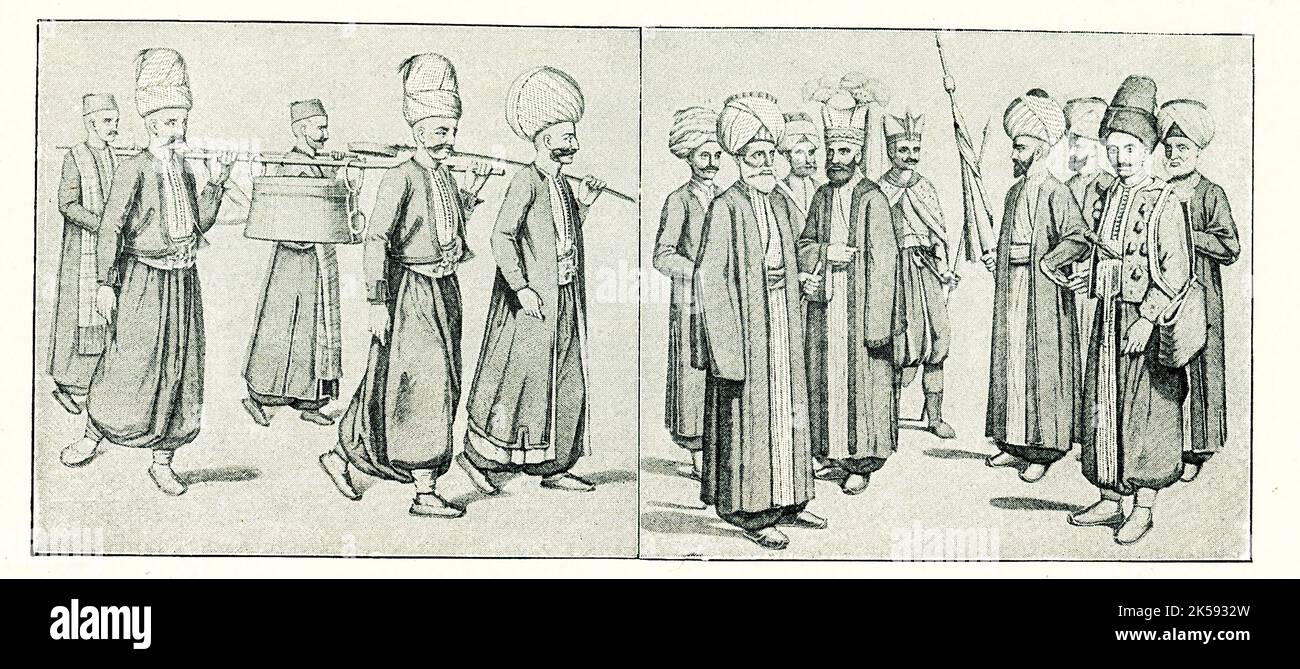Dieses Bild aus dem Jahr 1910 zeigt die Kleidung von Janissaries. Die ...