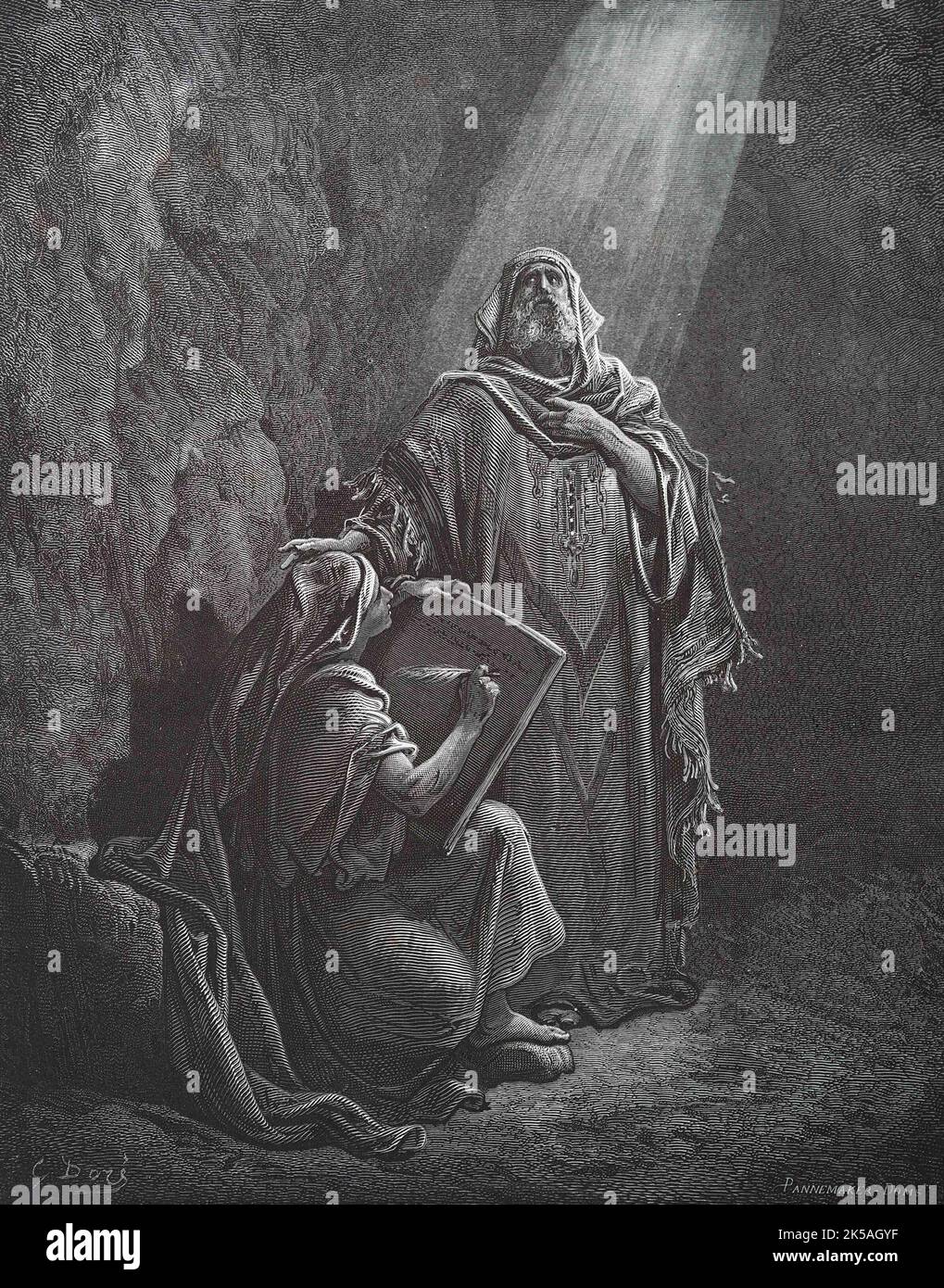 Baruch schreibt die Prophezeiungen Jeremias. Illustration von Gustave ...