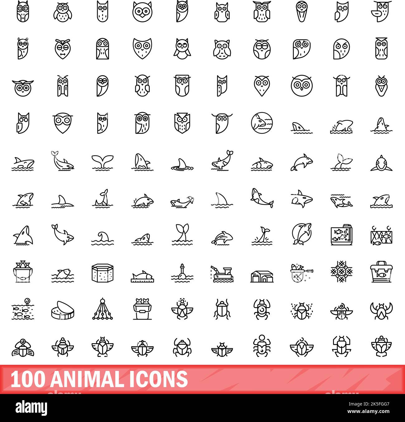 100 Tier-Icons gesetzt. Umreißen Abbildung von 100 Tier-Symbole Vektor ...