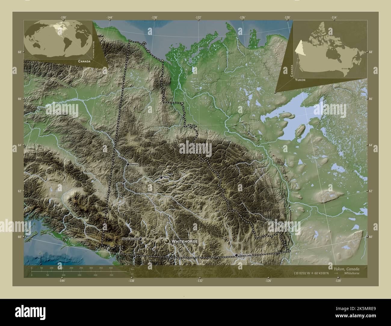 Yukon, Gebiet von Kanada. Höhenkarte im Wiki-Stil mit Seen und Flüssen ...