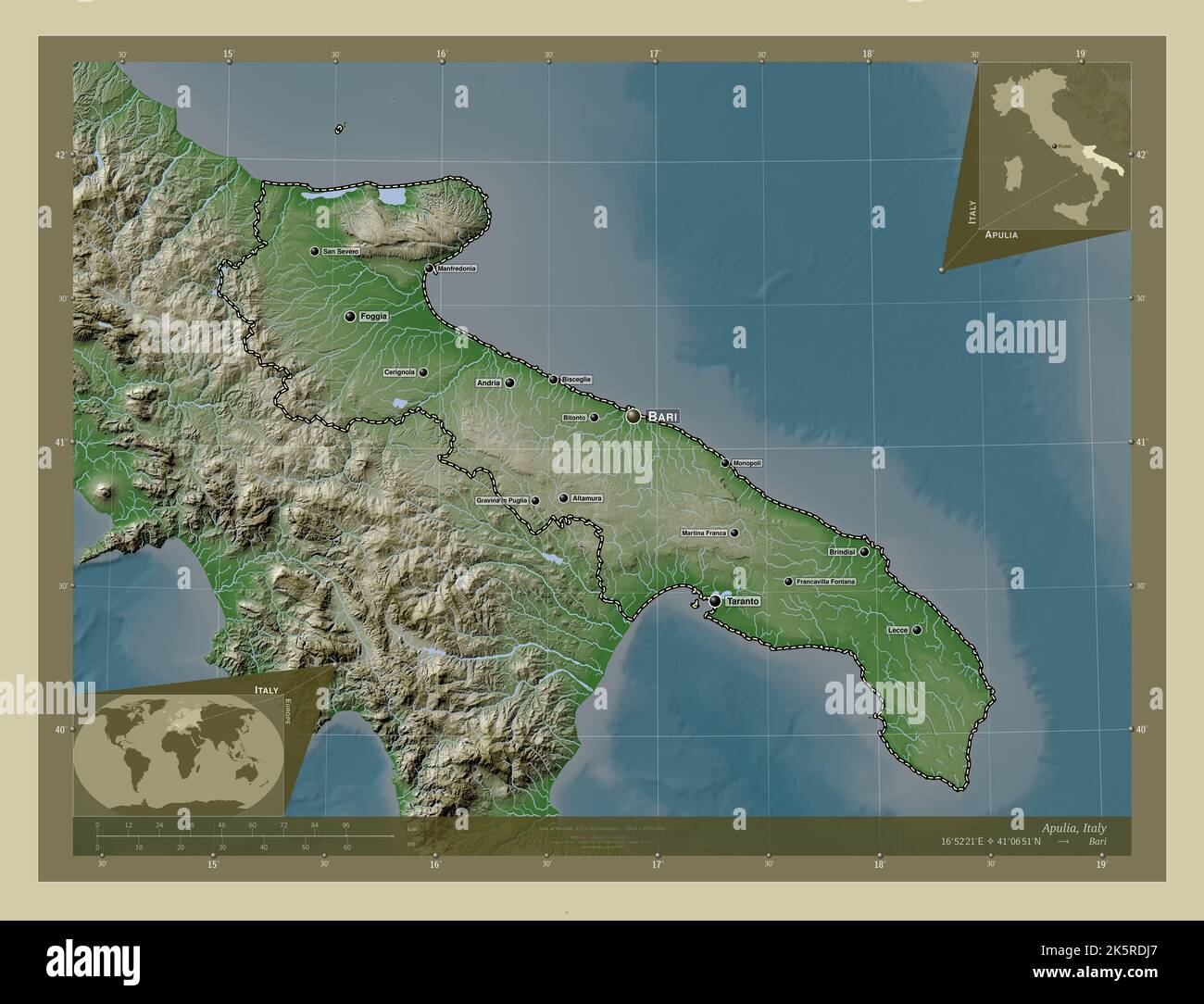 Apulien, Region von Italien. Höhenkarte im Wiki-Stil mit Seen und ...