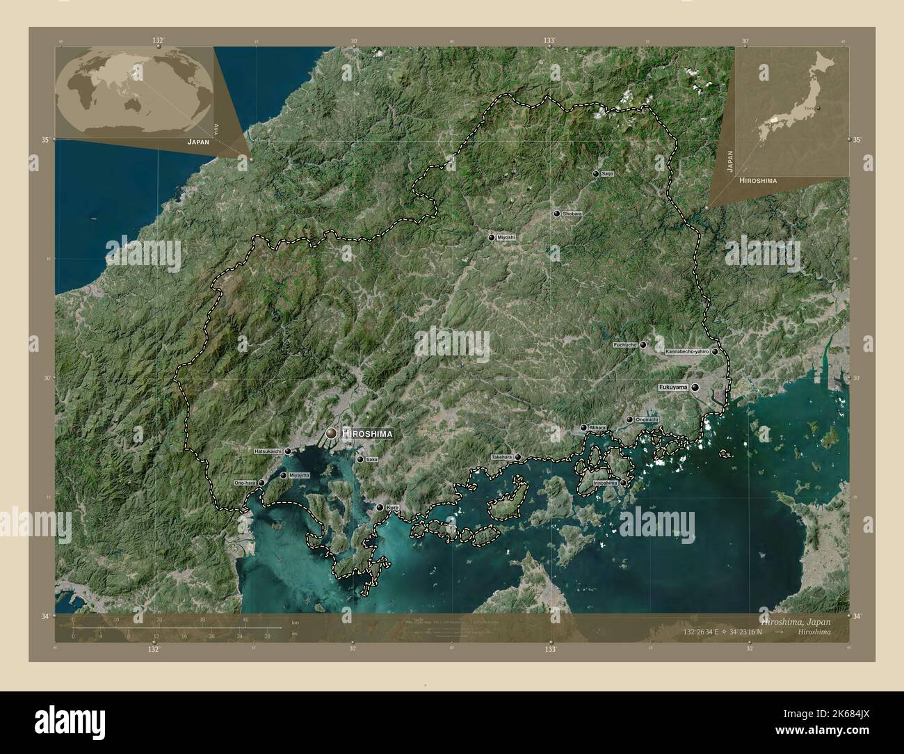 Hiroshima, Präfektur Japans. Hochauflösende Satellitenkarte. Orte und ...
