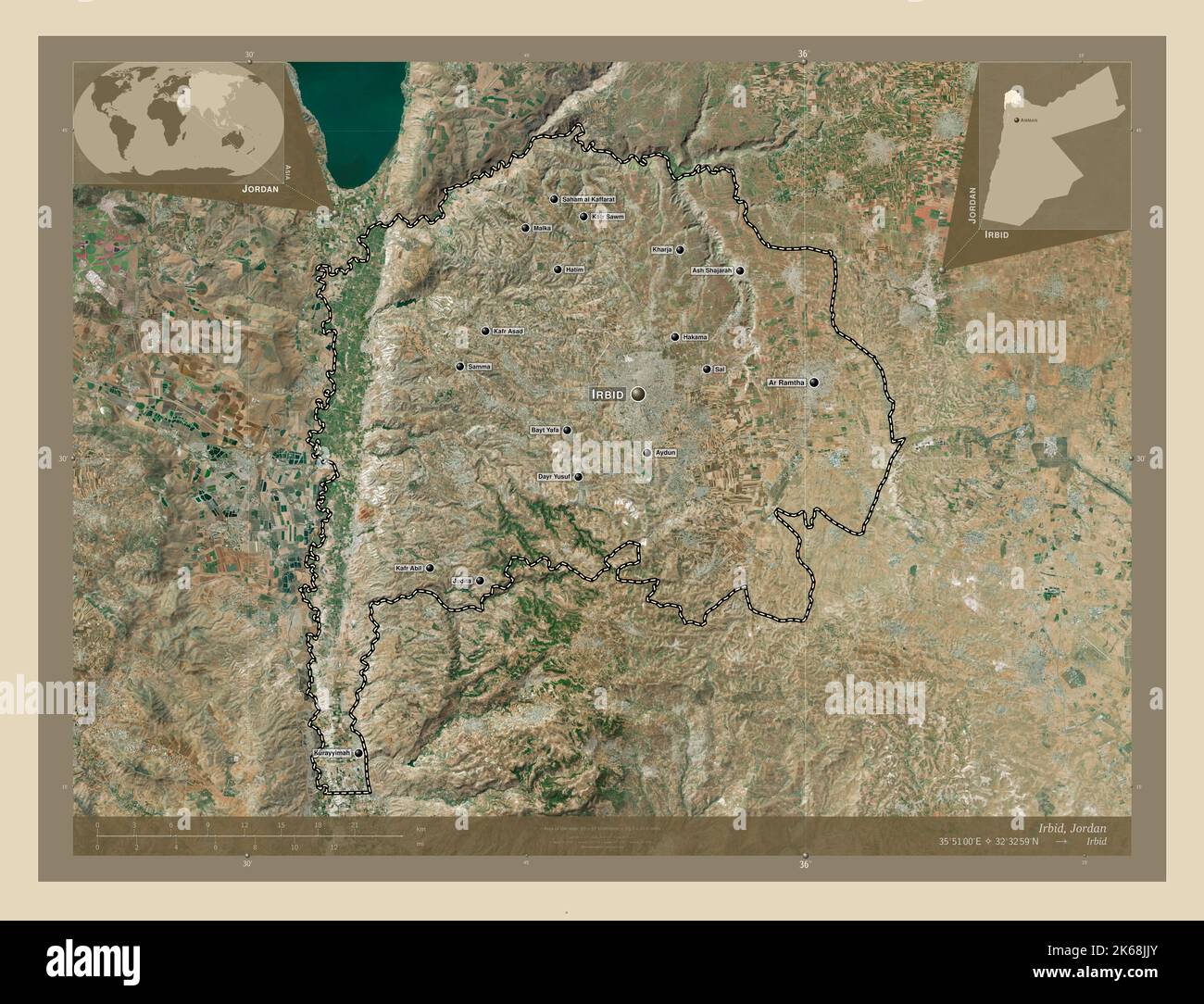 Irbid, Provinz Jordanien. Hochauflösende Satellitenkarte. Orte und ...