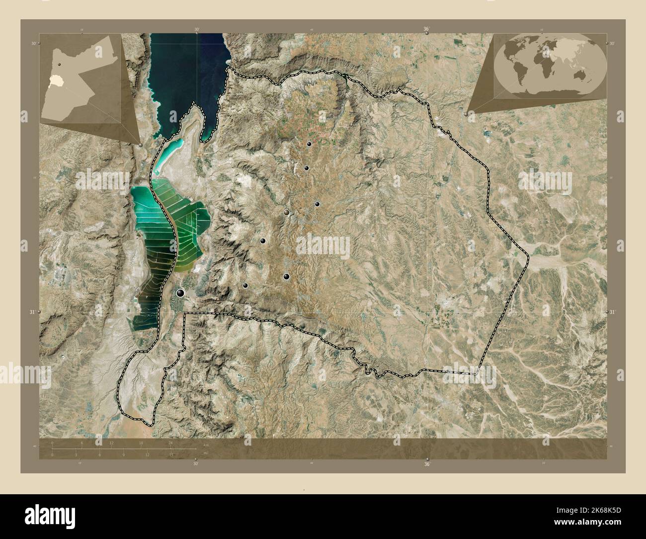 Karak, Provinz Jordanien. Hochauflösende Satellitenkarte. Standorte der ...