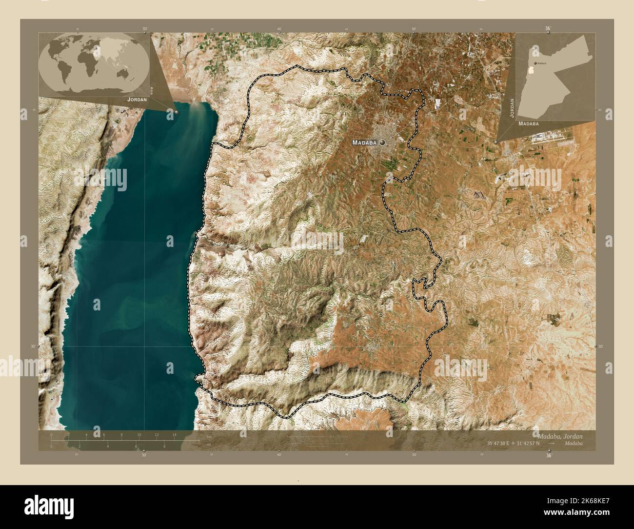 Madaba, Provinz Jordanien. Hochauflösende Satellitenkarte. Orte und ...
