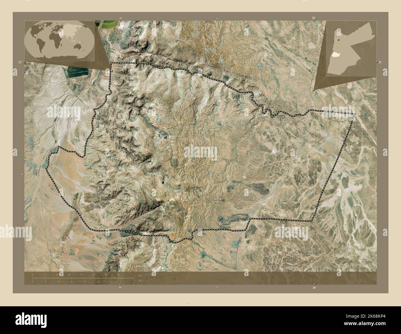 Tafilah, Provinz Jordanien. Hochauflösende Satellitenkarte. Standorte ...