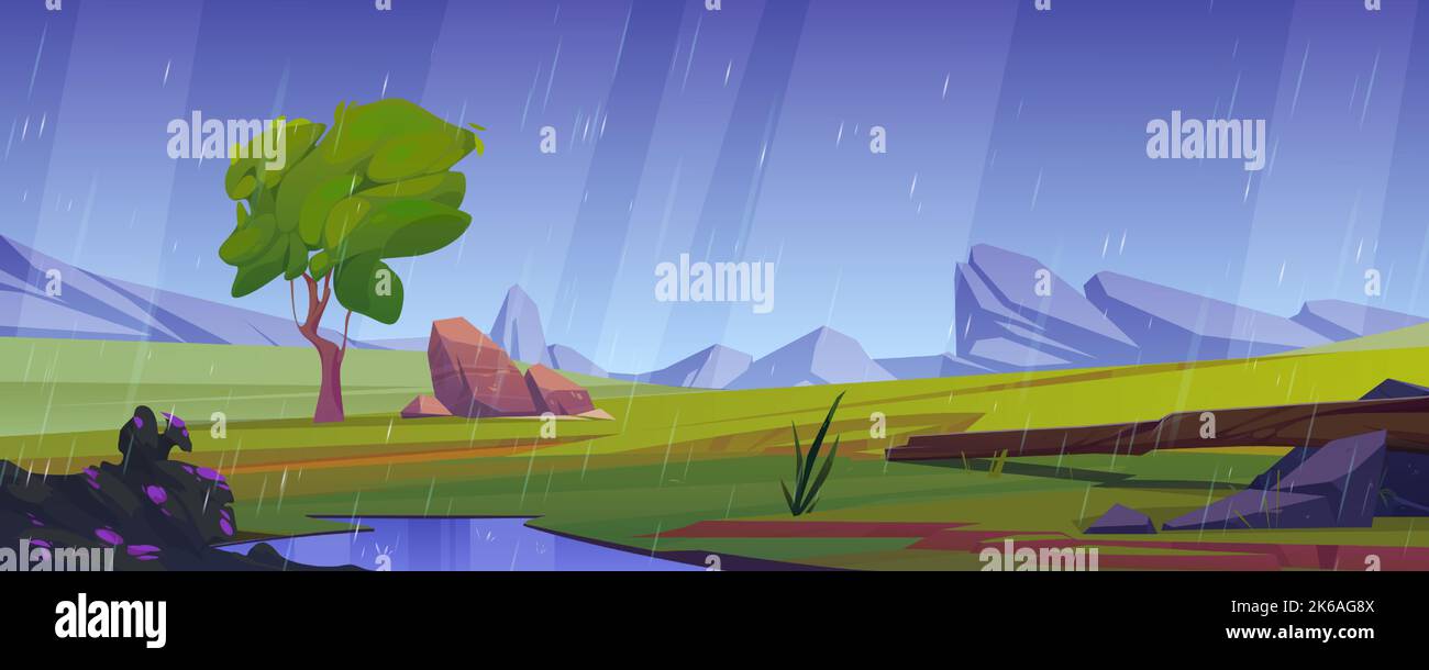 Sommerwiese im Bergtal bei Regen. Landschaft mit grünem Gras, Baum ...