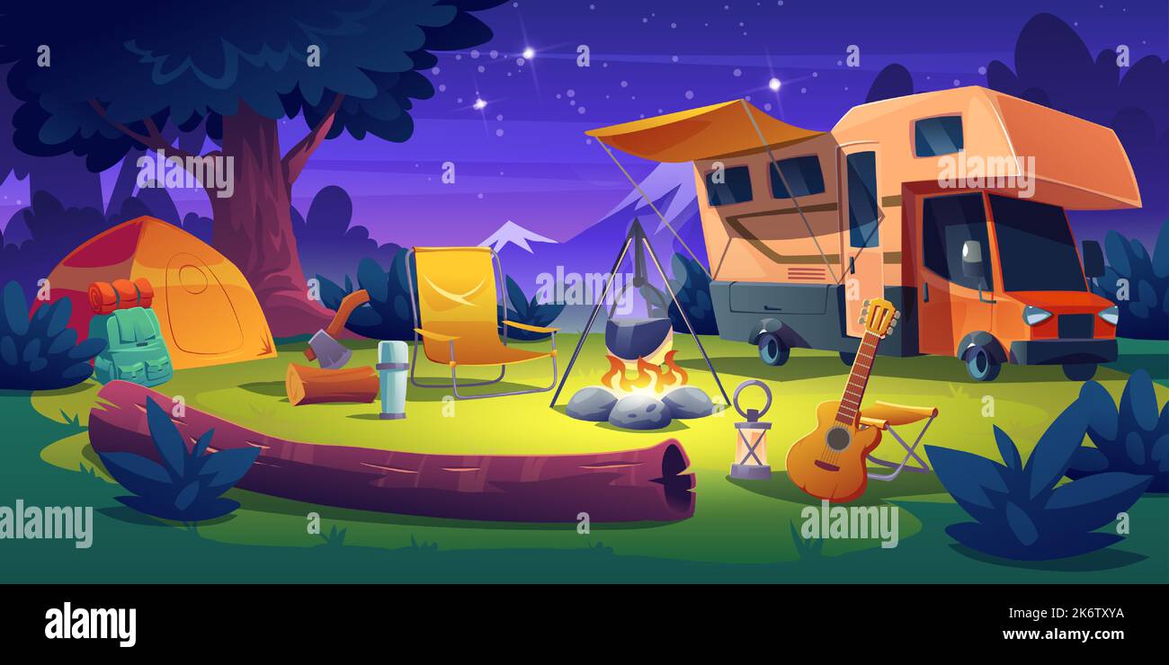 Campingplatz mit Anhänger, Zelt und brennendem Lagerfeuer in Nachtwaldlichtung. Cartoon Vektor ...