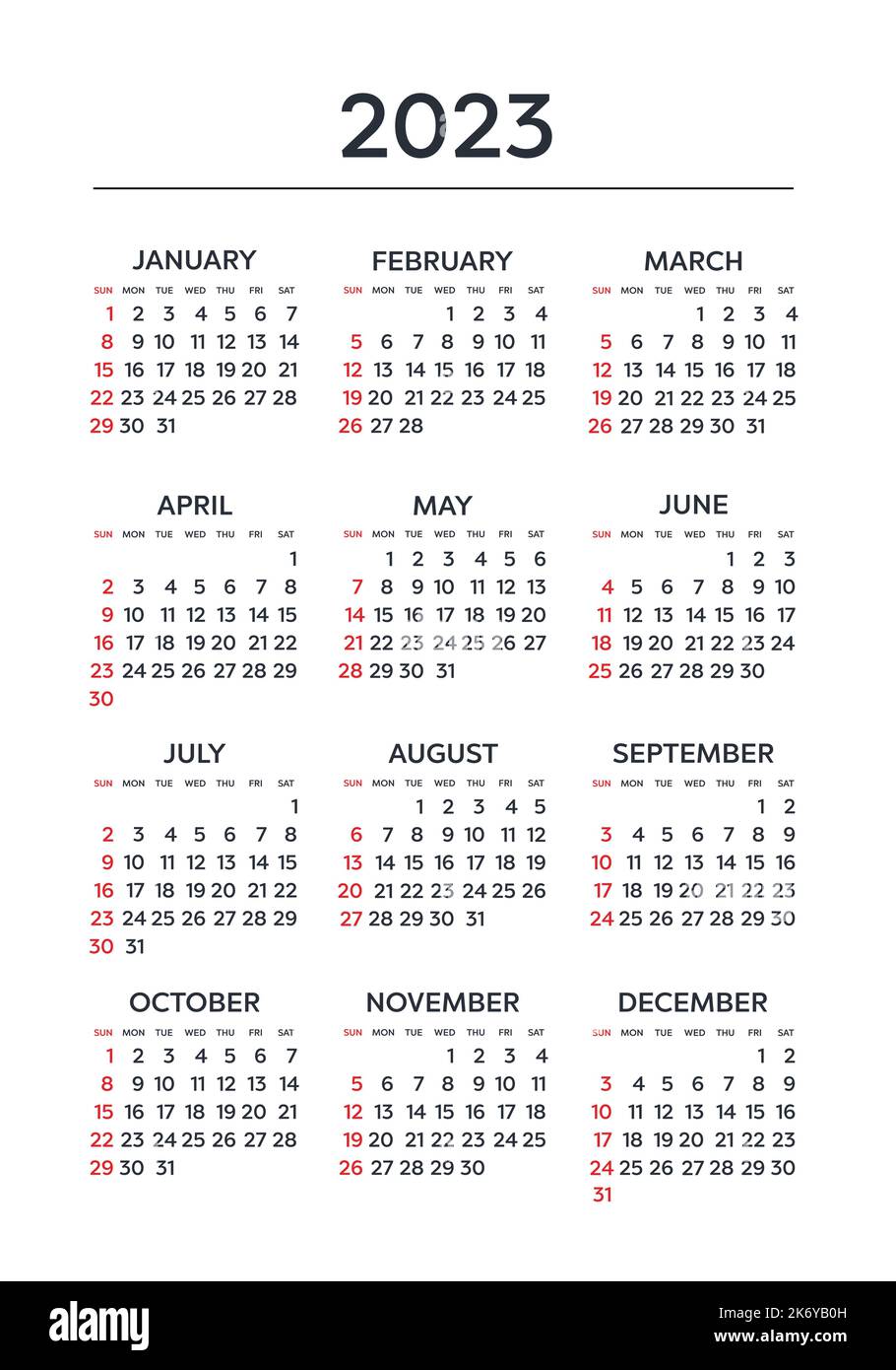 Kalender 2023 Jahr. Schwarz-Weiß-Vektorvorlage. Die Woche beginnt am ...