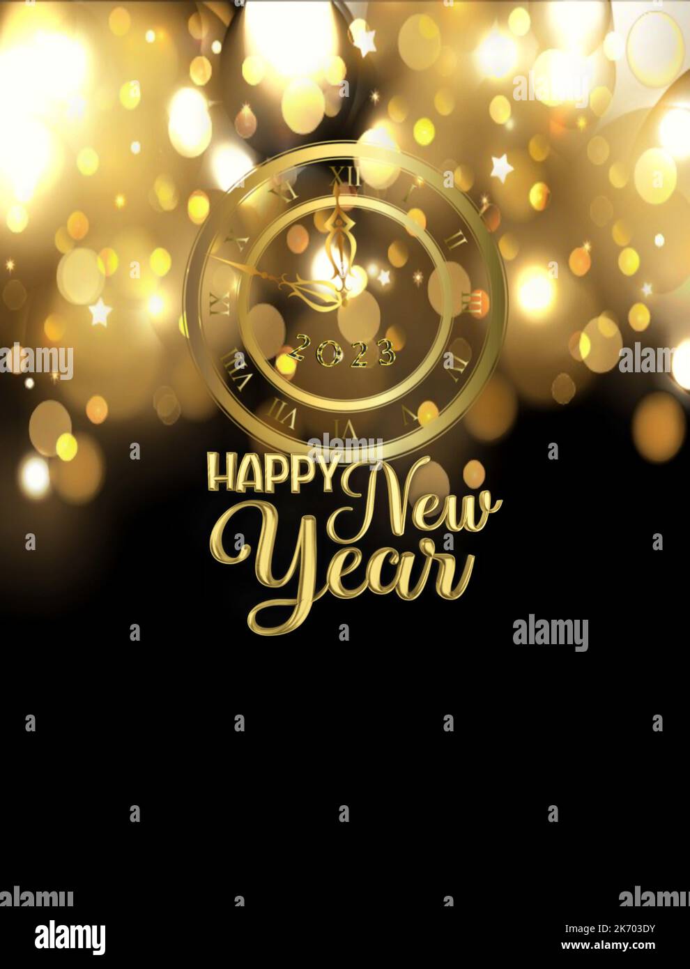 Grußkarte zum neuen Jahr 2023 mit Bokeh-Lichtern, Feuerwerk und Sektgläsern in spanischer ...