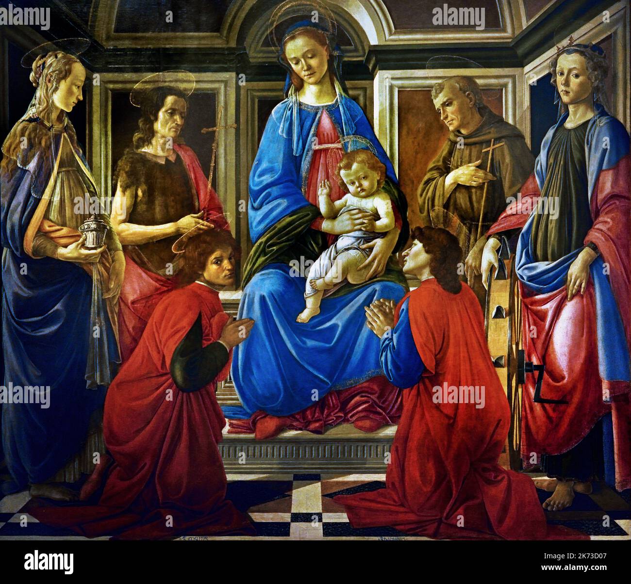 Madonna mit Kind, mit, vier Engel, sechs Heilige, das Altarbild von San Barnaba, 1487, von ...