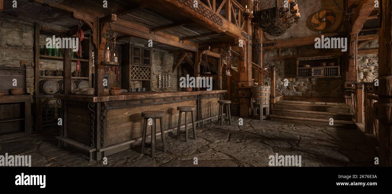 Ein altes mittelalterliches Gasthaus mit Bierfässern hinter der Bar ...