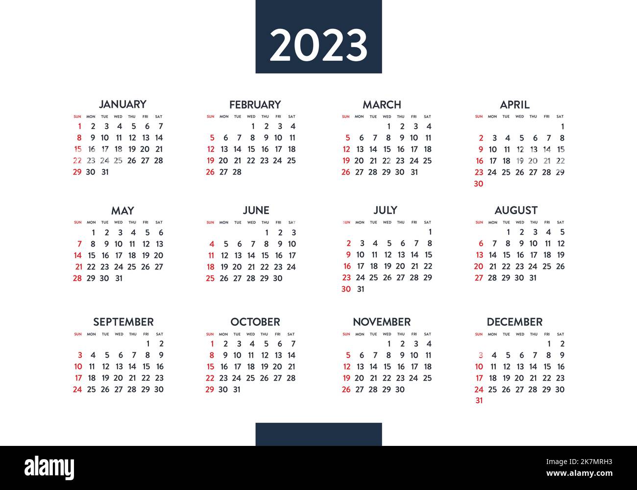 Kalender 2023 Jahr. Schwarz-Weiß-Vektorvorlage. Die Woche beginnt am ...